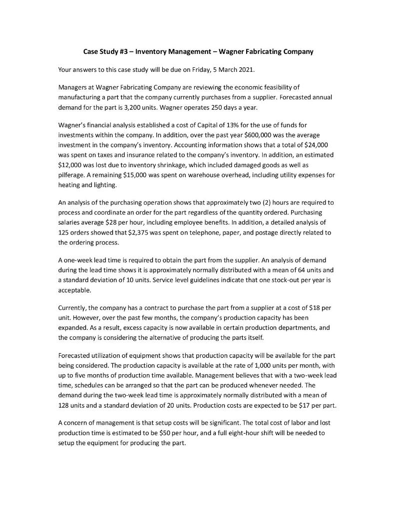 Solved Case Study #3 - Inventory Management - Wagner | Chegg.com