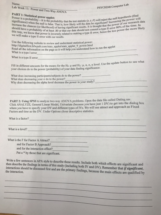 Name: Lab Week 11: Power and Two-Way ANOVA PSYCH248 | Chegg.com