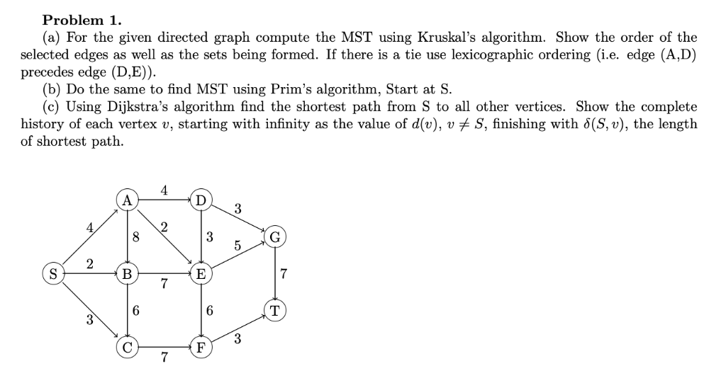 Solved Problem1 Given Directed Graph Compute Mst Using Kruskal S Algorithm Show Order