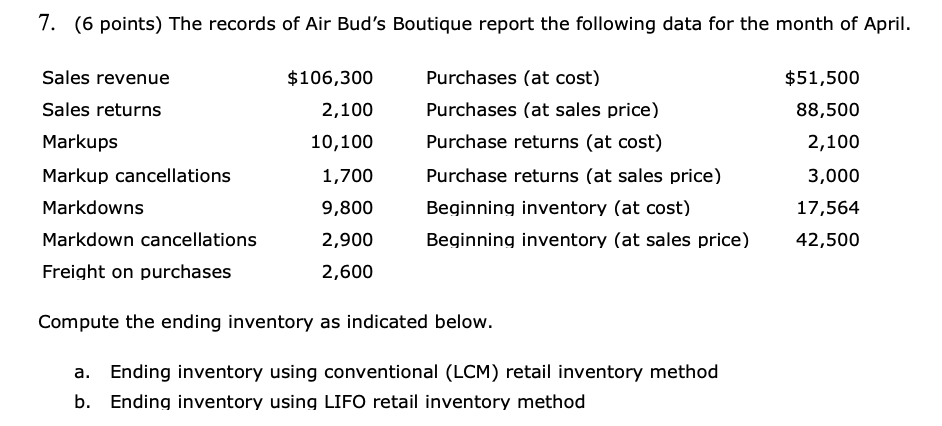 Solved 7. (6 points) The records of Air Bud's Boutique | Chegg.com Solved 7. (6 points) The records of Air Bud's Boutique | Chegg.com