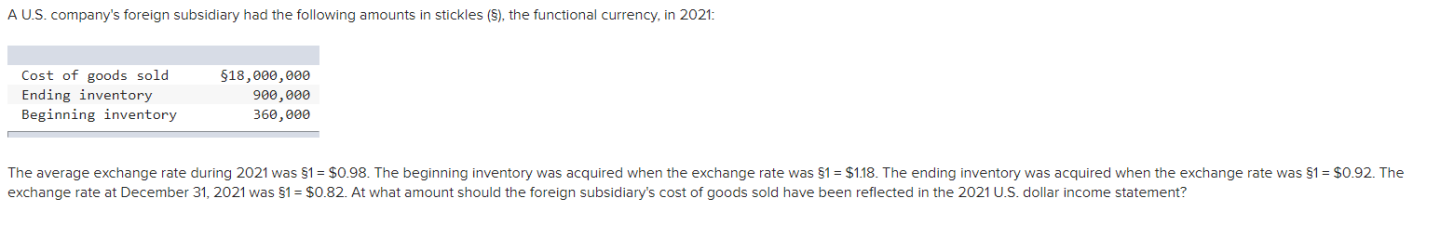 Solved A U.S. company's foreign subsidiary had the following | Chegg.com