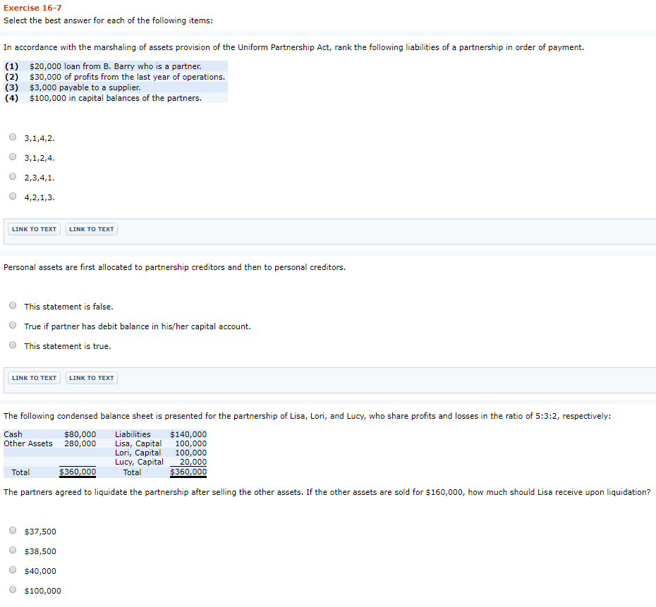 Solved Exercise 16-7 Select the best answer for each of the | Chegg.com