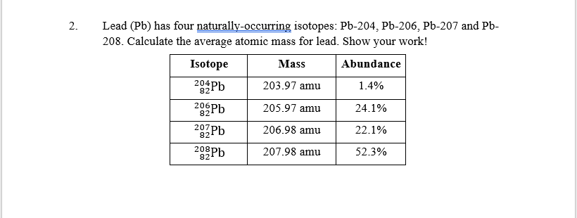 Solved 2. Lead (Pb) has four naturally-occurring isotopes: | Chegg.com