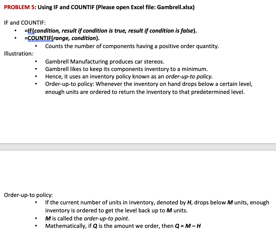 Solved PROBLEM 5: Using IF and COUNTIF (Please open Excel | Chegg.com