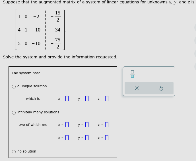 Solved ⎣⎡145010−2−10−10−215−34−275⎦⎤ Solve the system and | Chegg.com