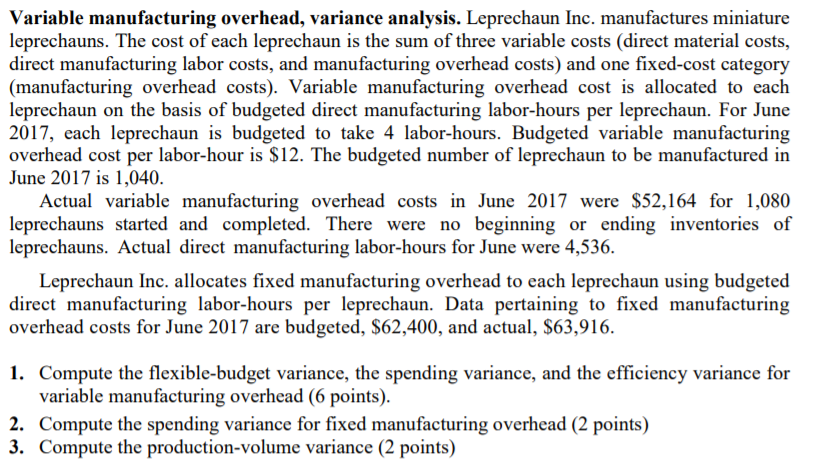 Solved Variable manufacturing overhead, variance analysis. | Chegg.com