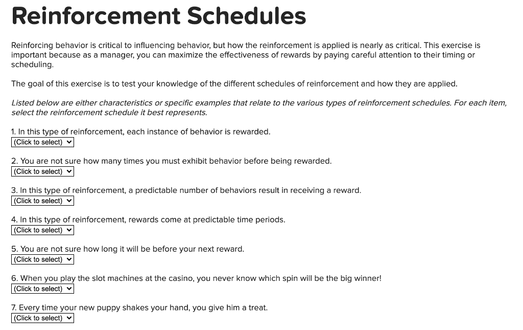 Solved Reinforcement Schedules Reinforcing behavior is | Chegg.com