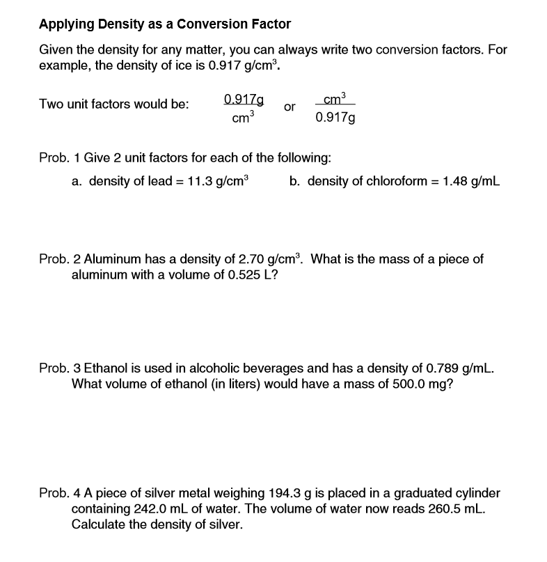 Solved Applying Density as a Conversion Factor Given the | Chegg.com