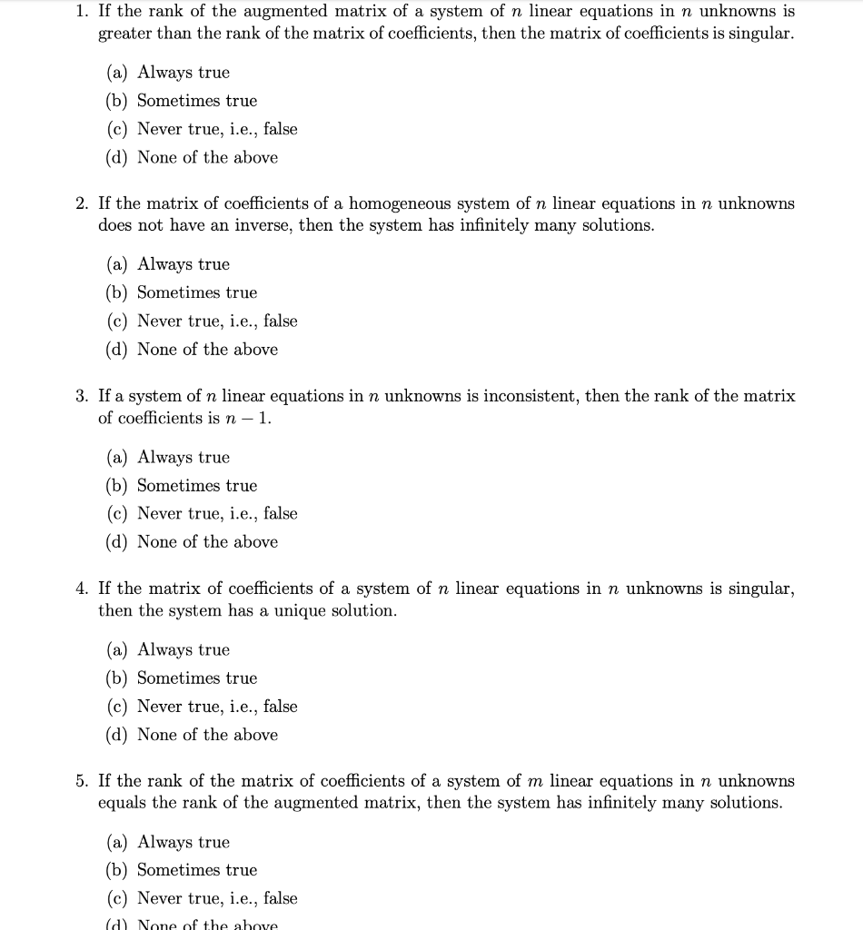 Solved 1. If the rank of the augmented matrix of a system of | Chegg.com