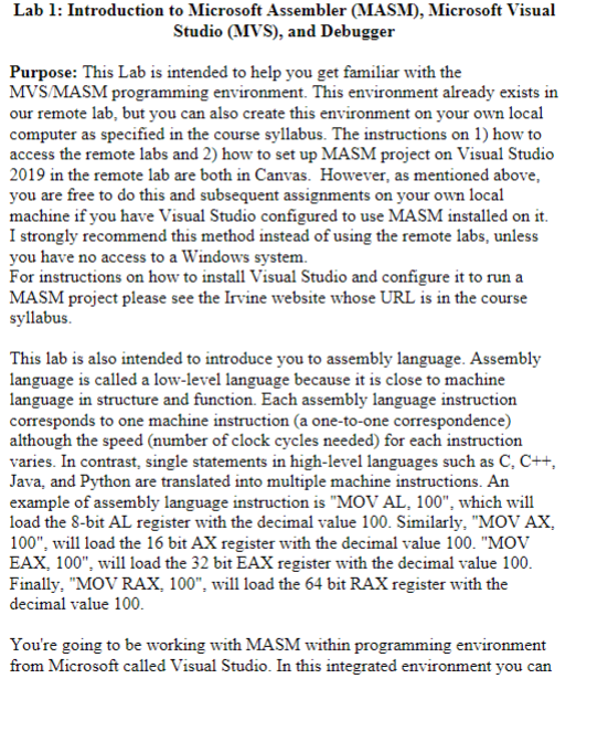 Solved Lab 1: Introduction to Microsoft Assembler (MASM), | Chegg.com
