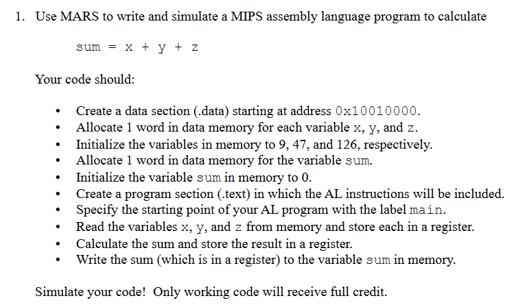 1. Use MARS to write and simulate a MIPS assembly | Chegg.com