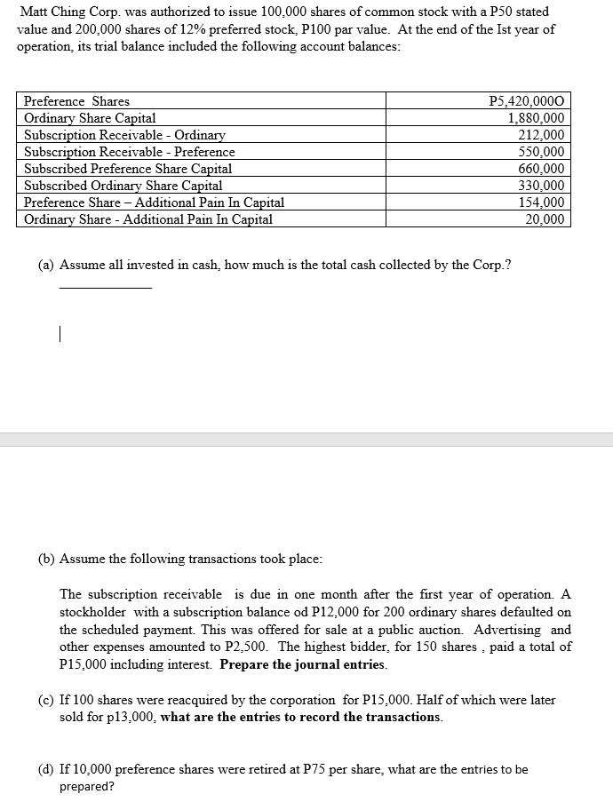 Matt Ching Corp. was authorized to issue 100,000 | Chegg.com