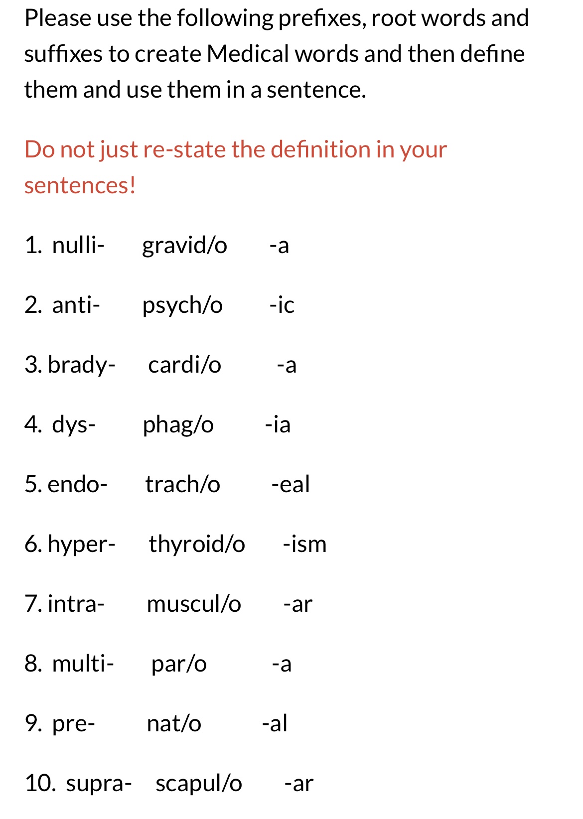 Solved Please use the following prefixes, root words and | Chegg.com