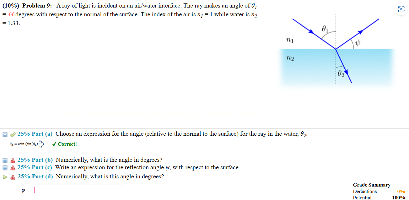 Solved (10\%) Problem 9: A ray of light is incident on an | Chegg.com