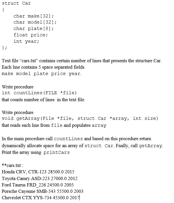 Solved struct Car char make [32]; char model [32]; char | Chegg.com