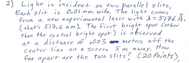 Solved 2) Light is incident on two parallel slits, Each slit | Chegg.com