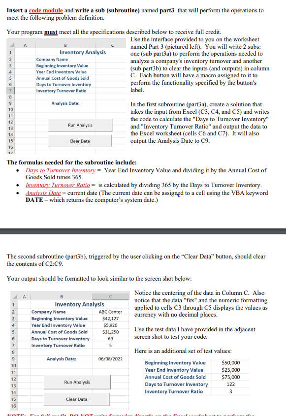 Insert a code module and write a sub (subroutine) | Chegg.com