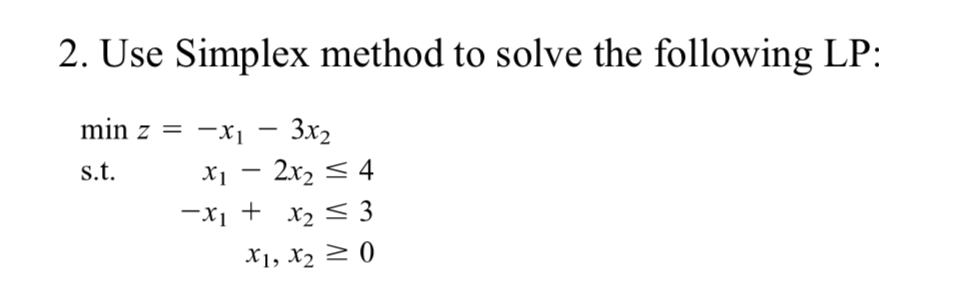 Solved 2. Use Simplex method to solve the following LP: min | Chegg.com