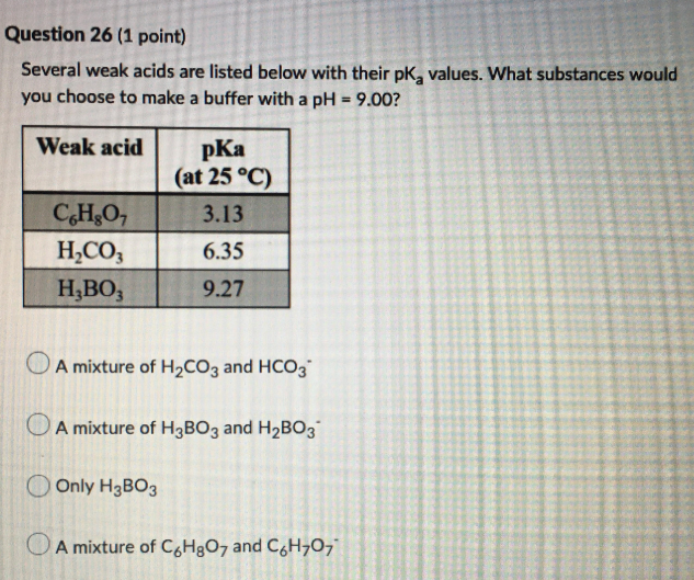 Solved Question 26 (1 point) Several weak acids are listed | Chegg.com