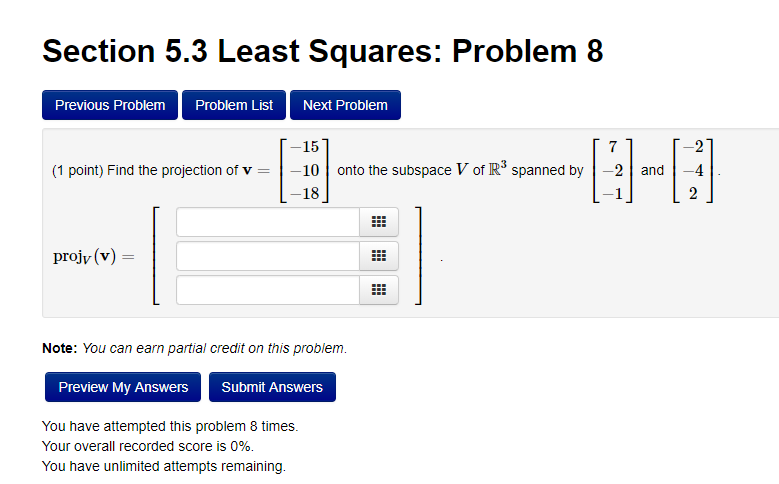 Solved Section 5.3 Least Squares: Problem 8 Previous Problem | Chegg.com