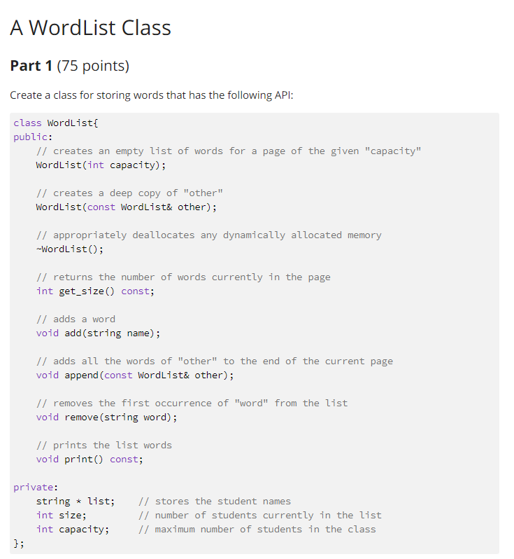 Solved A WordList Class Part 1 (75 points) Create a class | Chegg.com