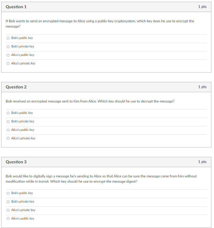 Solved Question 1 1 pts If Bob wants to send an encrypted | Chegg.com