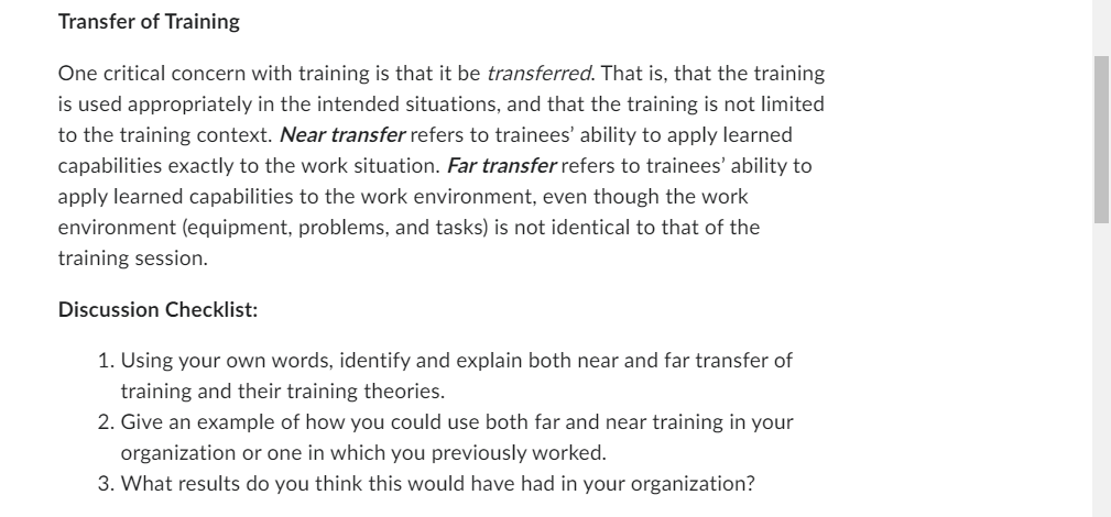 Solved Transfer of Training One critical concern with | Chegg.com