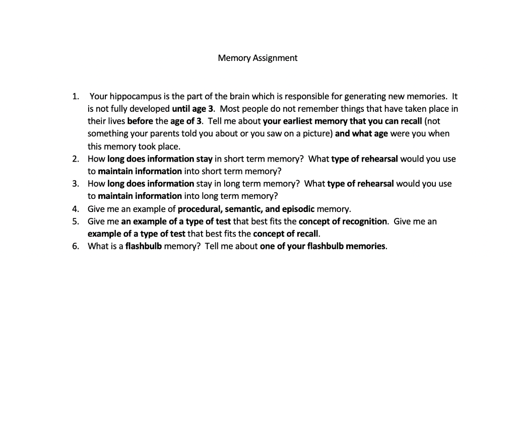 Solved Memory Assignment 1. Your hippocampus is the part of | Chegg.com
