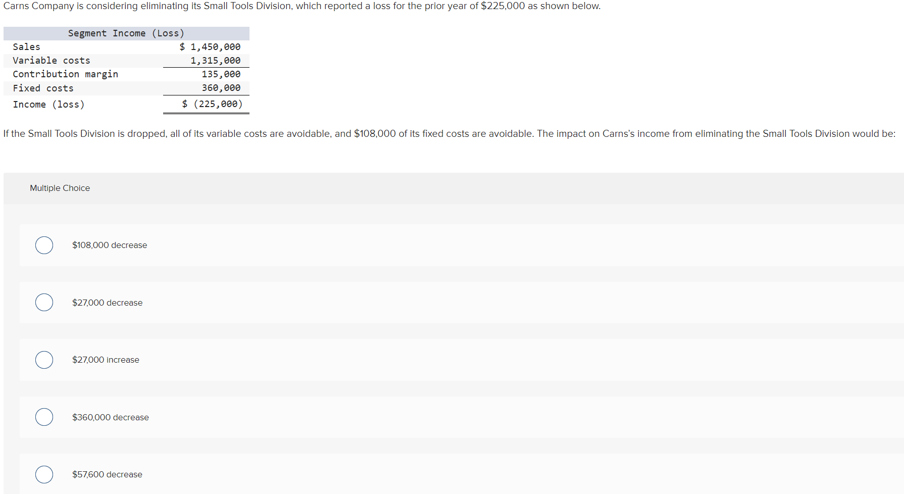 Solved Multiple Choice $108,000 decrease $27,000 decrease | Chegg.com
