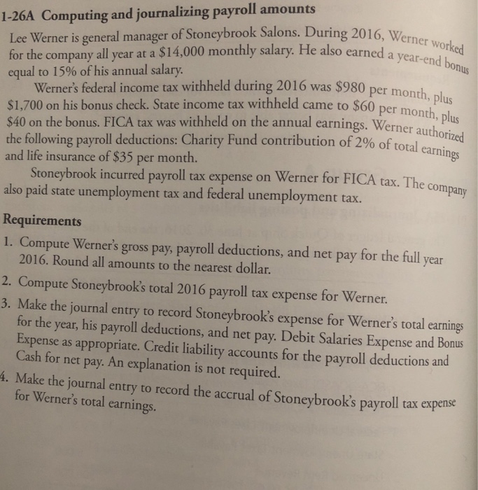Solved 1-26A Computing and journalizing payroll amounts Lee | Chegg.com
