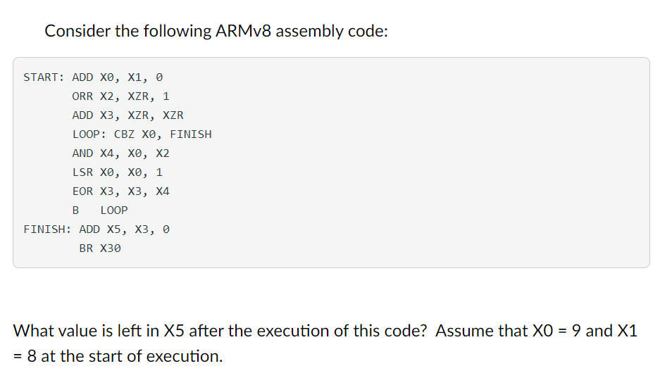 Solved Consider the following ARMv8 assembly code: START: | Chegg.com
