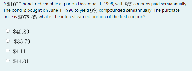 Solved A $1000 bond, redeemable at par on December 1, 1998, | Chegg.com