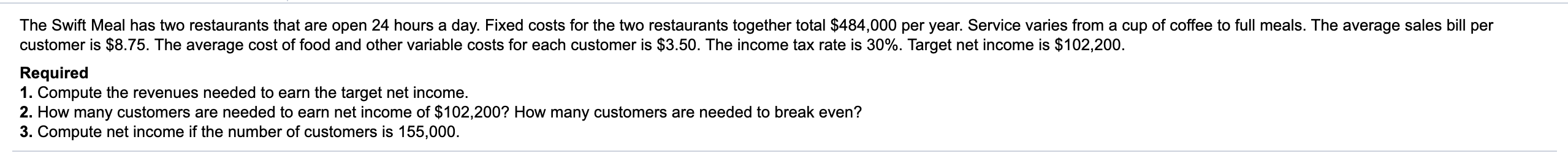 Solved The Swift Meal has two restaurants that are open 24 | Chegg.com