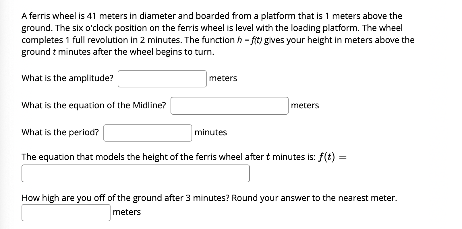 Solved A ferris wheel is 41 meters in diameter and boarded | Chegg.com