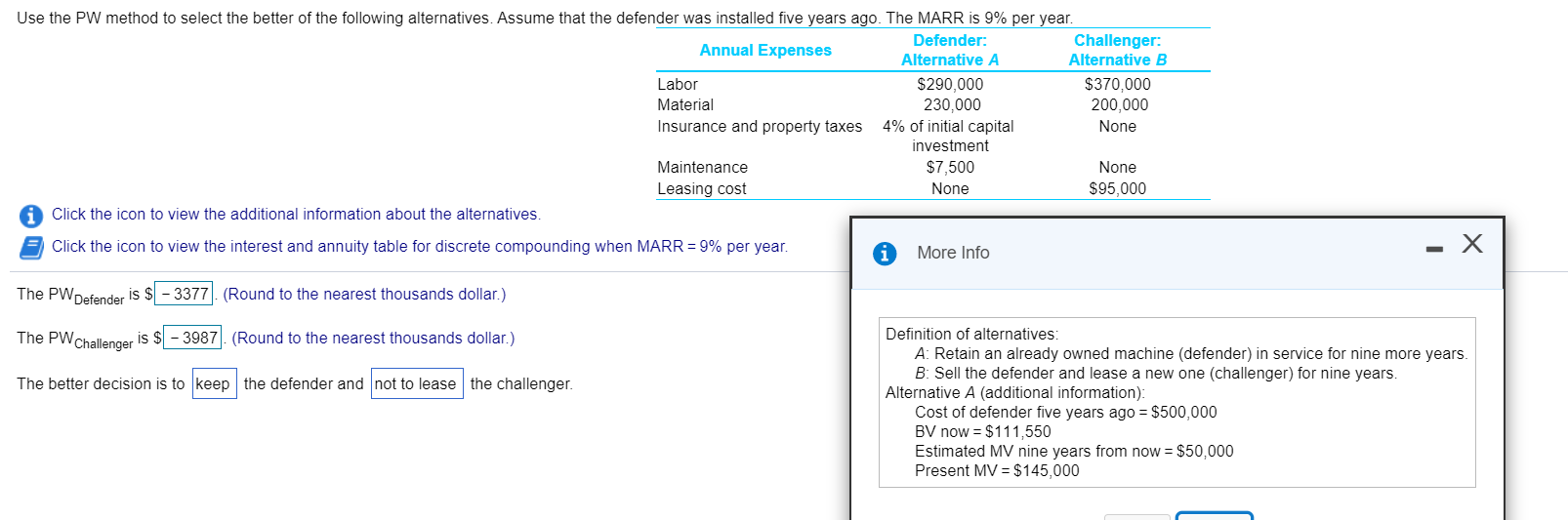 Solved Use the PW method to select the better of the | Chegg.com