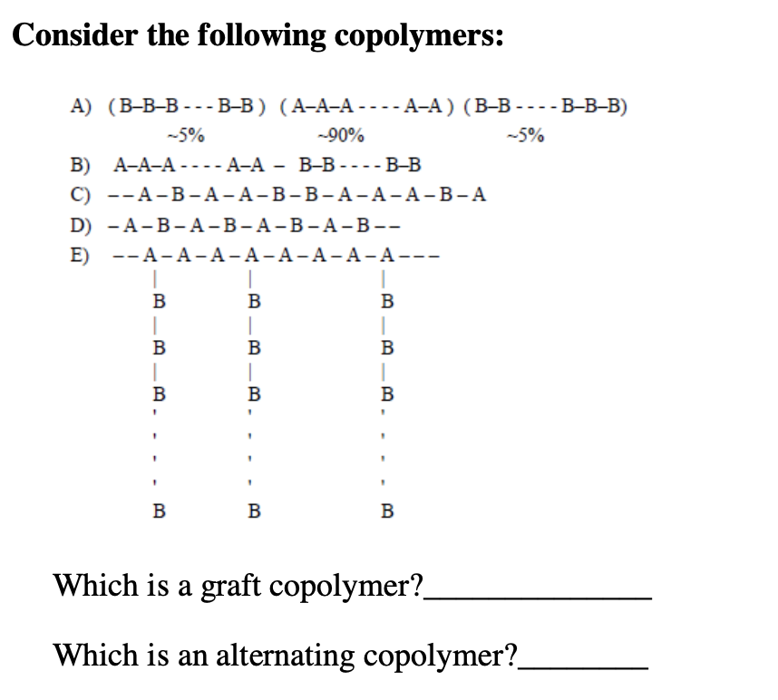 Solved Consider the following copolymers: A) (B-B-B ---B-B) | Chegg.com