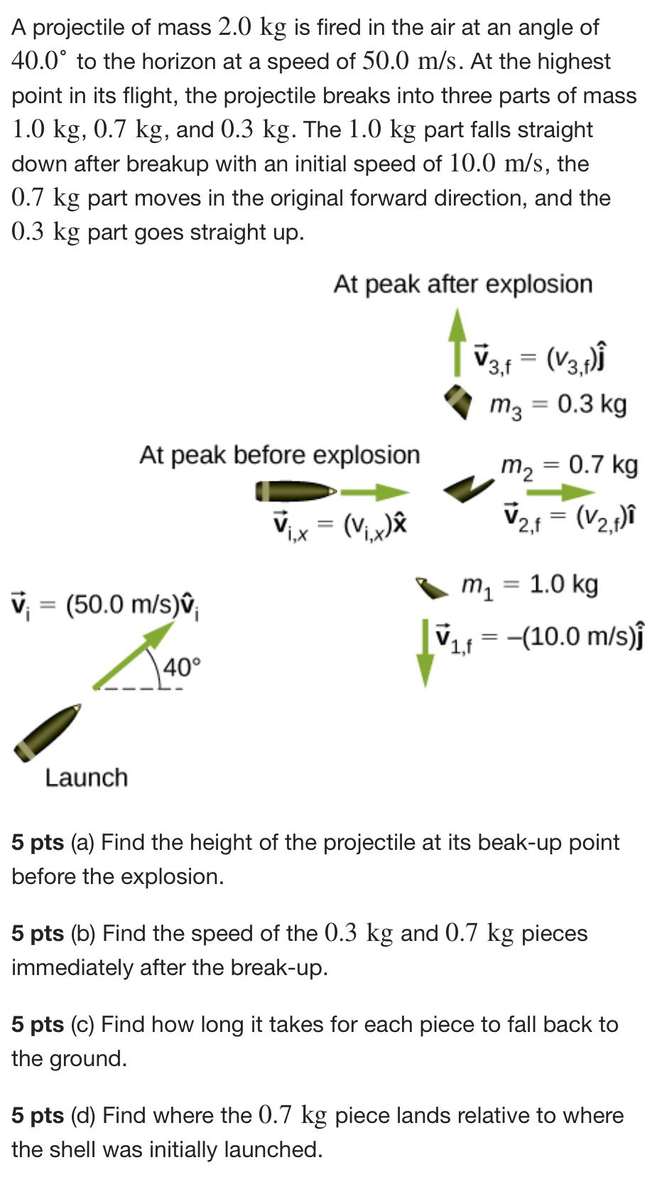 Solved A projectile of mass 2.0 kg is fired in the air at an | Chegg.com
