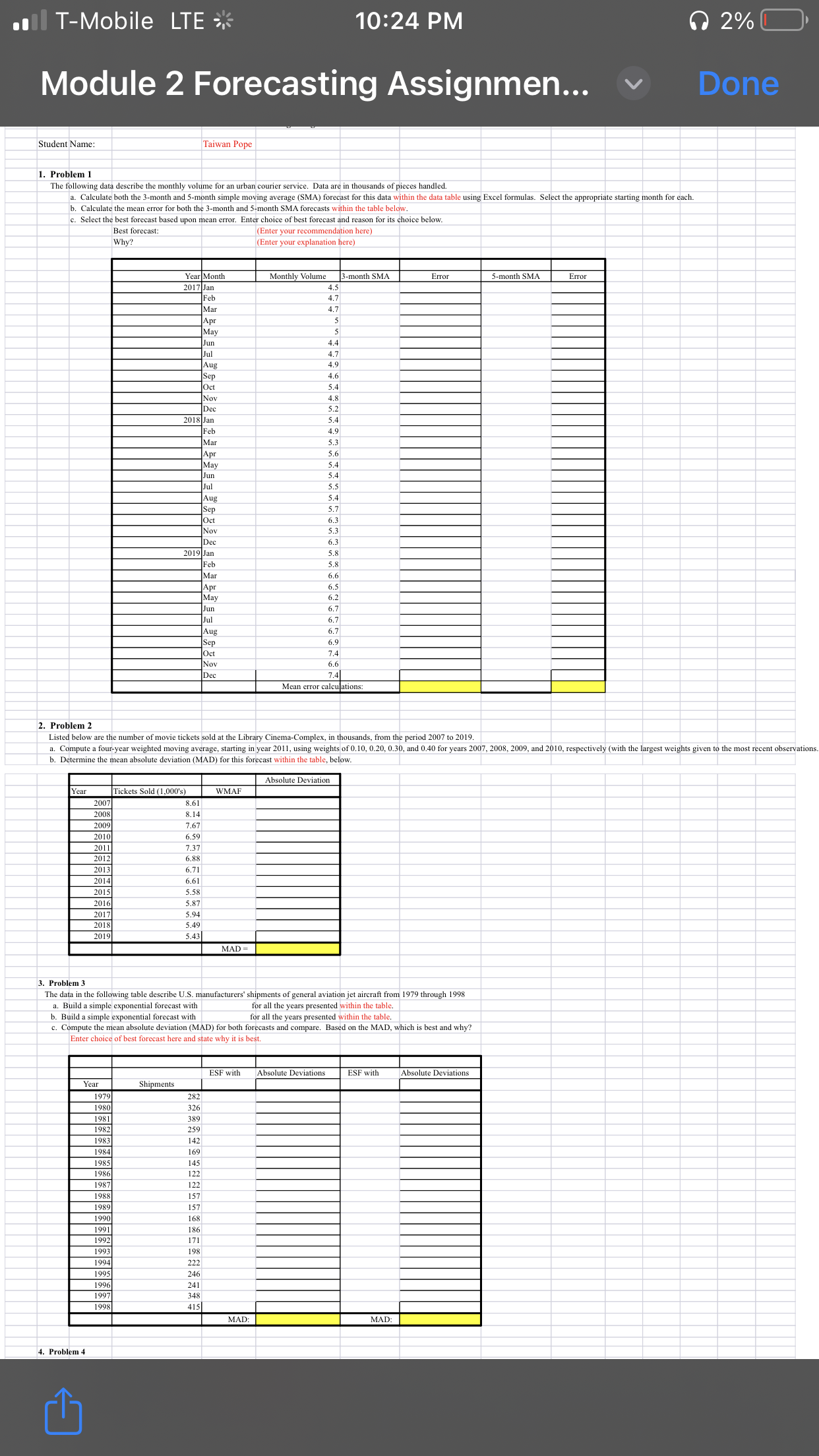 Solved Module 2 Forecasting Assignmen... Student Name: | Chegg.com