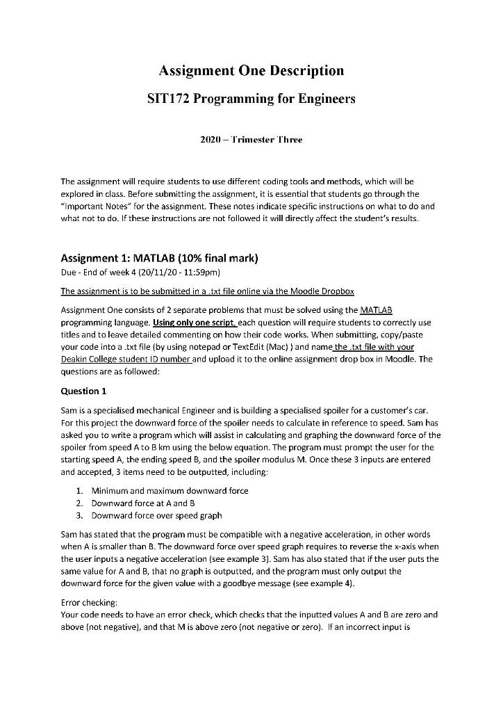 Assignment One Description SIT172 Programming for | Chegg.com