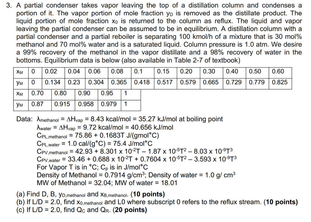 3. A partial condenser takes vapor leaving the top of | Chegg.com