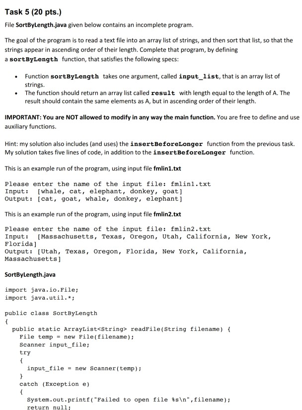 Solved Task 5 (20 pts.) File SortByLength.java given below | Chegg.com