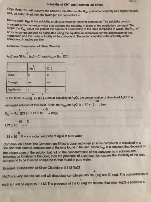 Solubility of KHT and Common lon Effect ves: You will | Chegg.com