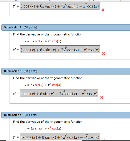 Solved y' = 6 cos (x) + 6x sin (x) + 7x®sin (x) — x cos(x) | Chegg.com