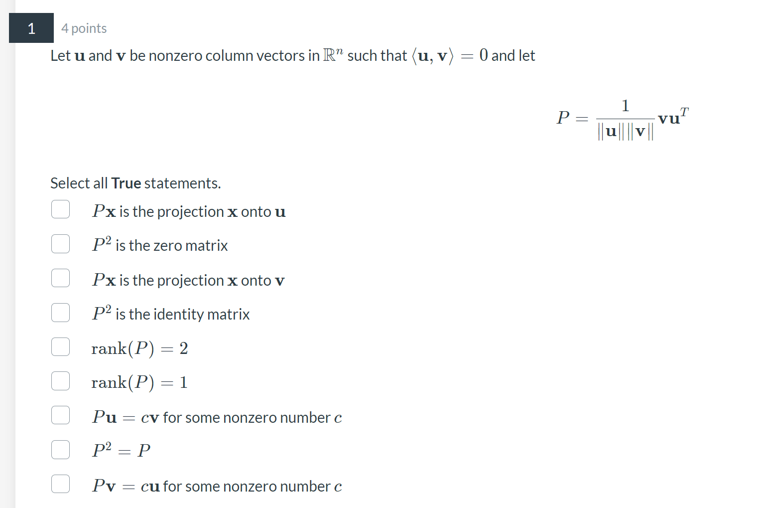 Solved 1 4 points Let u and y be nonzero column vectors in | Chegg.com