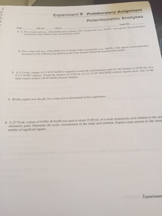 Solved Experiment 9 Prelaboratory Assignment Potentiometric | Chegg.com