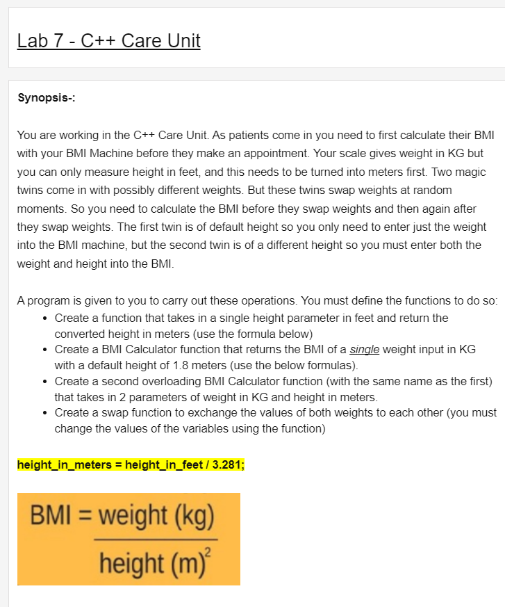 Solved Lab 7 - C++ Care Unit Synopsis : You are working in | Chegg.com
