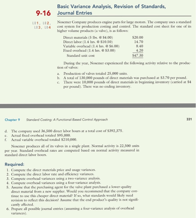 Solved Basic Variance Analysis, Revision of Standards, 9-16 | Chegg.com
