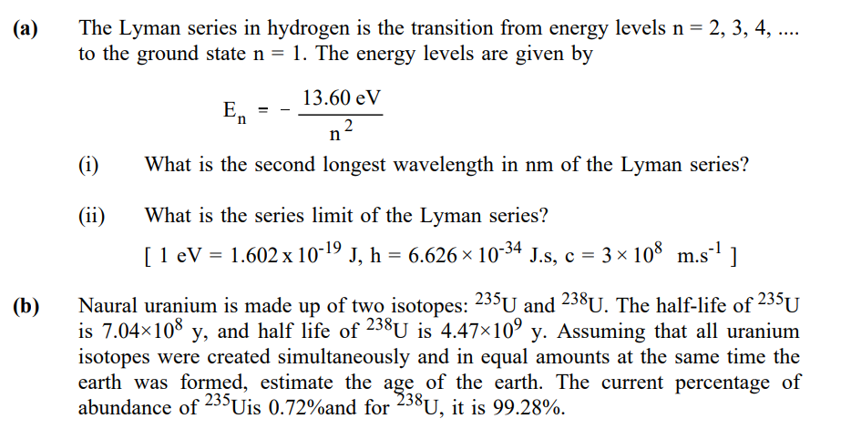 Solved (a) The Lyman series in hydrogen is the transition | Chegg.com