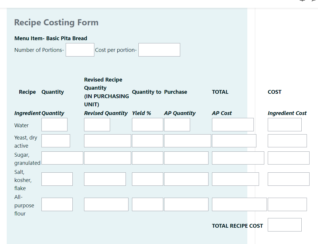 Part Three: Recipe Costing Part Three A: Use the | Chegg.com