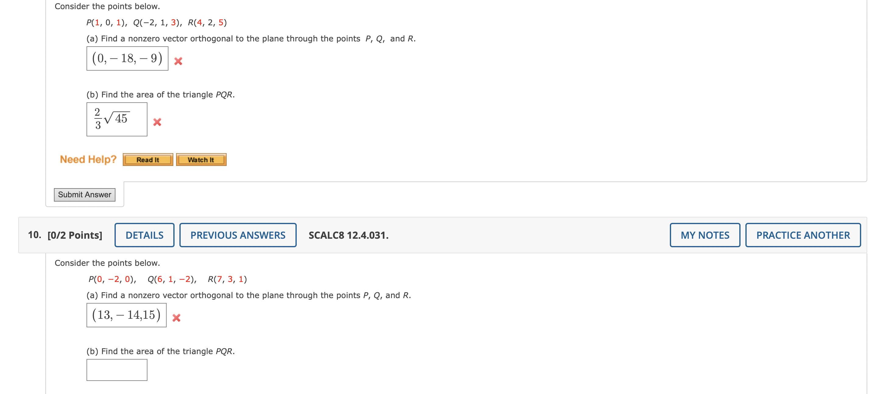 Solved (b) Find the area of the triangle PQR. 2 Points] | Chegg.com